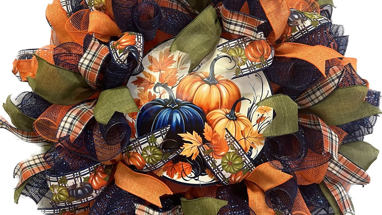 DIY Fall Navy and Orange Pumpkin Deco Mesh Wreath